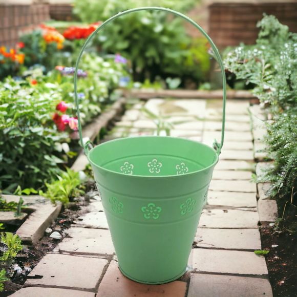 Accents | Planter Bucket Pail Tin Green Floral Cutouts Easter Spring ...